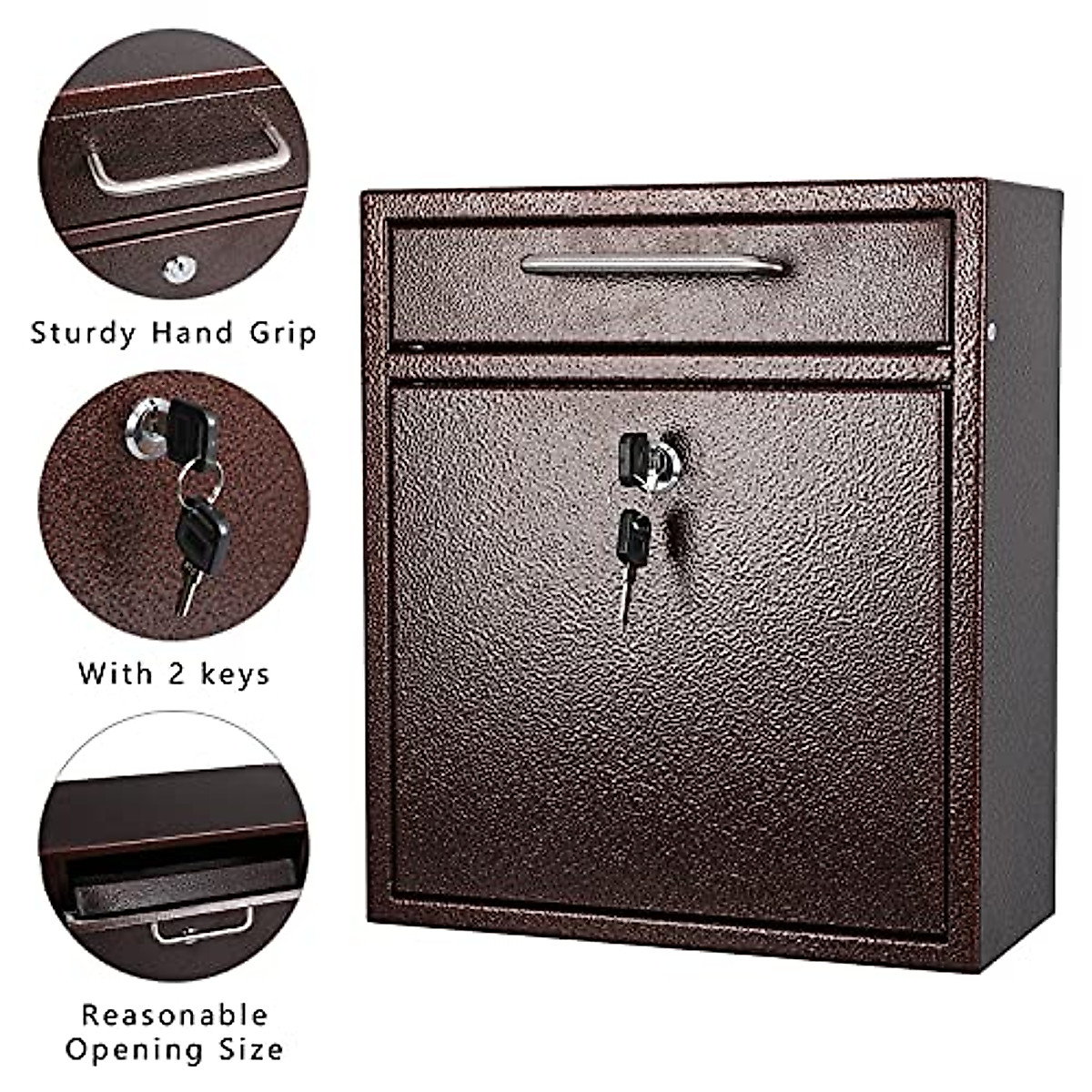 KYODOLED Steel Key Lock Mail Boxes Outdoor,Locking Wall Mount Mailbox,Security Key Drop Box,12Hx 10.51Lx 4.68W Inches,Bronze Large