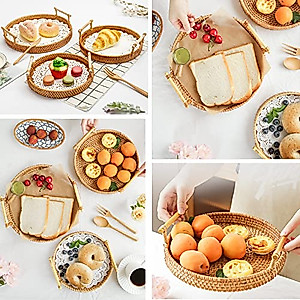 Hipiwe Round Rattan Serving Tray with Handles Wicker Tray Coffee Table Decorative Tray Hand Woven Serving Basket Ottoman Trays for Fruit Bread Parties Breakfast