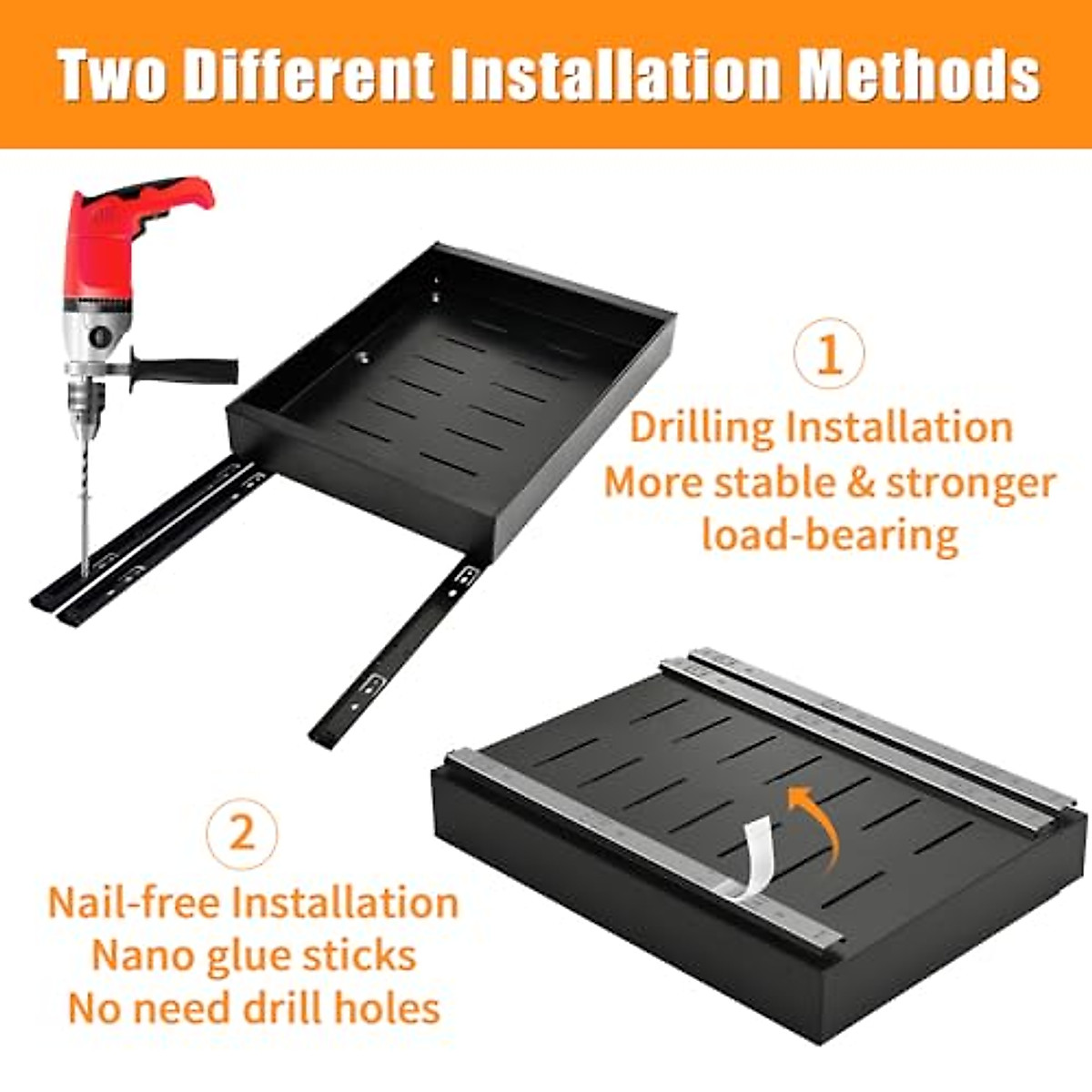 2 Pcs Pull Out Cabinet Organizer, Expandable(12.4"-20.5") Pull Out Drawers for Cabinets Slide Out Drawers for Kitchen Cabinets with Adhesive Nano Film Mounting Adjustable for Kitchen, Pantry (Black)