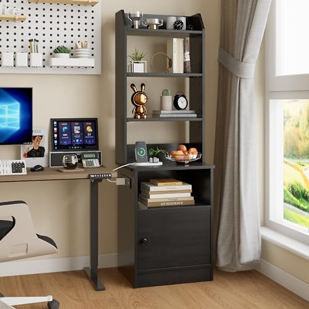 Aufvolr 6 Tier Bookshelf with Cabinet，Tall Night Stand with Charging Atation, Wood Book Shelf Storage Organizer, Modern Display Standing Shelf Unit for Bedroom, Living Room, Office (Black)