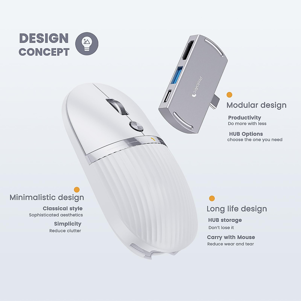 ProtoArc USB C Wireless Bluetooth Mouse, Multi-Device HubMouse with Type C Hub Portable Silent Rechargeable Computer Laptop Mouse for ipad, PC, Tablet, MacBook, Surface Pro-Silver