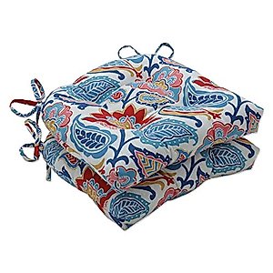 Pillow Perfect Bright Floral Indoor/Outdoor Chairpad with Ties, Tufted, Weather, and Fade Resistant, 17" x 17.5", Blue/Red Moroccan Flowers, 2 Count