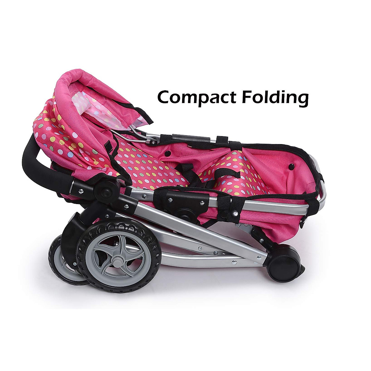Fash N Kolor | Foldable Pram for Baby Doll with Flower Design with Swiveling Wheel Adjustable Handle Bassinet Stroller with Baby Doll, Convertible Seat, and Basket, and Free Carriage Bag