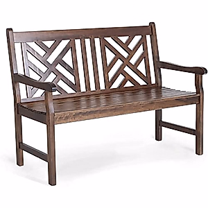 MFSTUDIO Outdoor Acacia Wood Garden Bench with Backrest and Armrest,2-Person Slatted Seat Bench Patio Furniture for Porch,Park,Yard,Weight Capacity 600 lbs(Brown)
