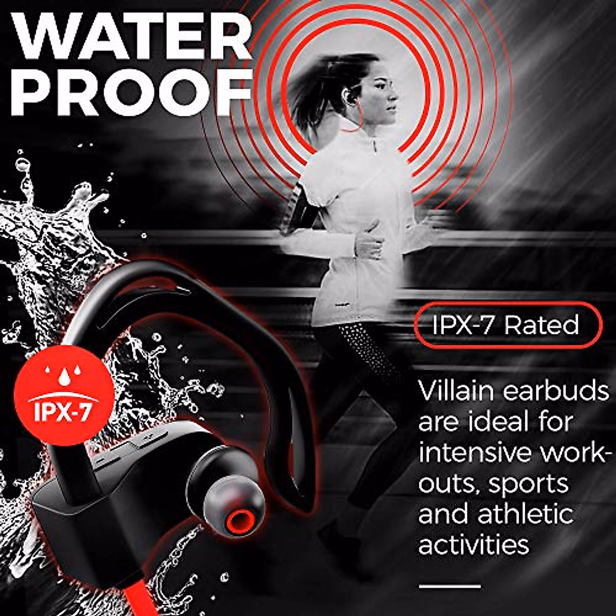 Villain Sport Headphones | Running Headphones | Workout Headphones | Gym Headphones | Wireless Bluetooth Earbuds IPX7 HiFi HD Sound with Thumping Bass