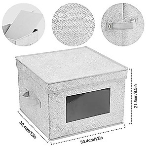 Fabric Storage Bins with Lids 12x12x8.5 In Cubes Storage Boxes with Window Grey White Foldable Storage Cubes Cloth Closet Bins Collapsible Cubes Storage Baskets Drawer Cubicle Inserts Storage for Organizer Closet Shelves ,QY-SC21-3