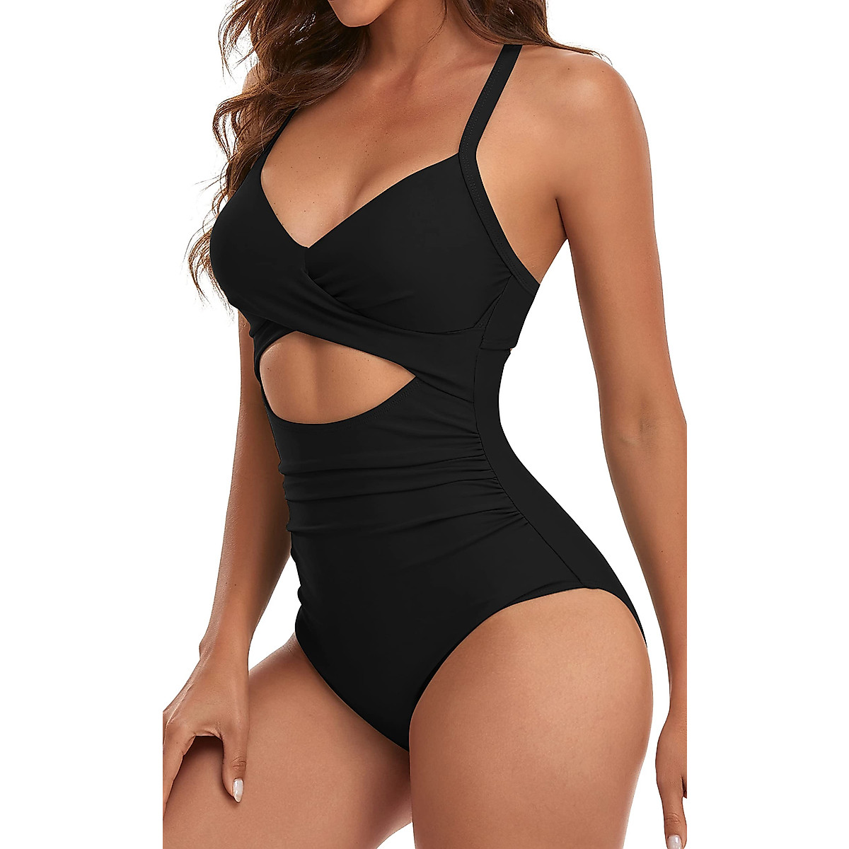 Eomenie Women's One Piece Swimsuits Tummy Control Cutout High Waisted Bathing Suit Wrap Tie Back 1 Piece Swimsuit Black
