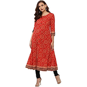Yash Gallery Women's Plus Size Women's Cotton Bandhani Anarkali kurta for Women (Red)