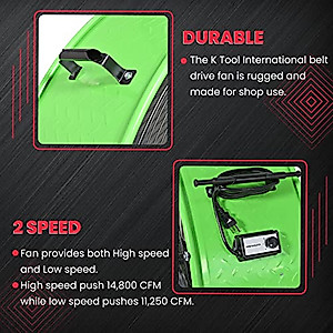K Tool International 77746; 42 Inch Belt Drive Drum Fan with Easy Mobility Rubber Wheels, Ideal for Industrial, Garage or Barn, 2-Speed Control, Auto Overheat Cut-Off Protection, 14,800 Max CFM, Green