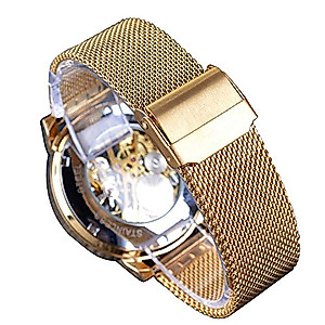 MASTOP Men's Hand-Wind Mechanical Wrist Watch Golden Black Stainless Steel Top Brand with Luxury Skeleton Dial (Gold White)