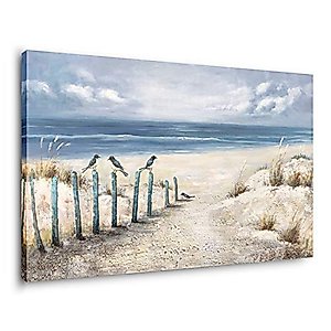 Yihui Arts Beach Canvas Wall Arts with Textured 3D Seascape Blue Oil Painting Abstract Coastal Picture Modern Ocean Artwork for Living Room Bedroom Bathroom Decor