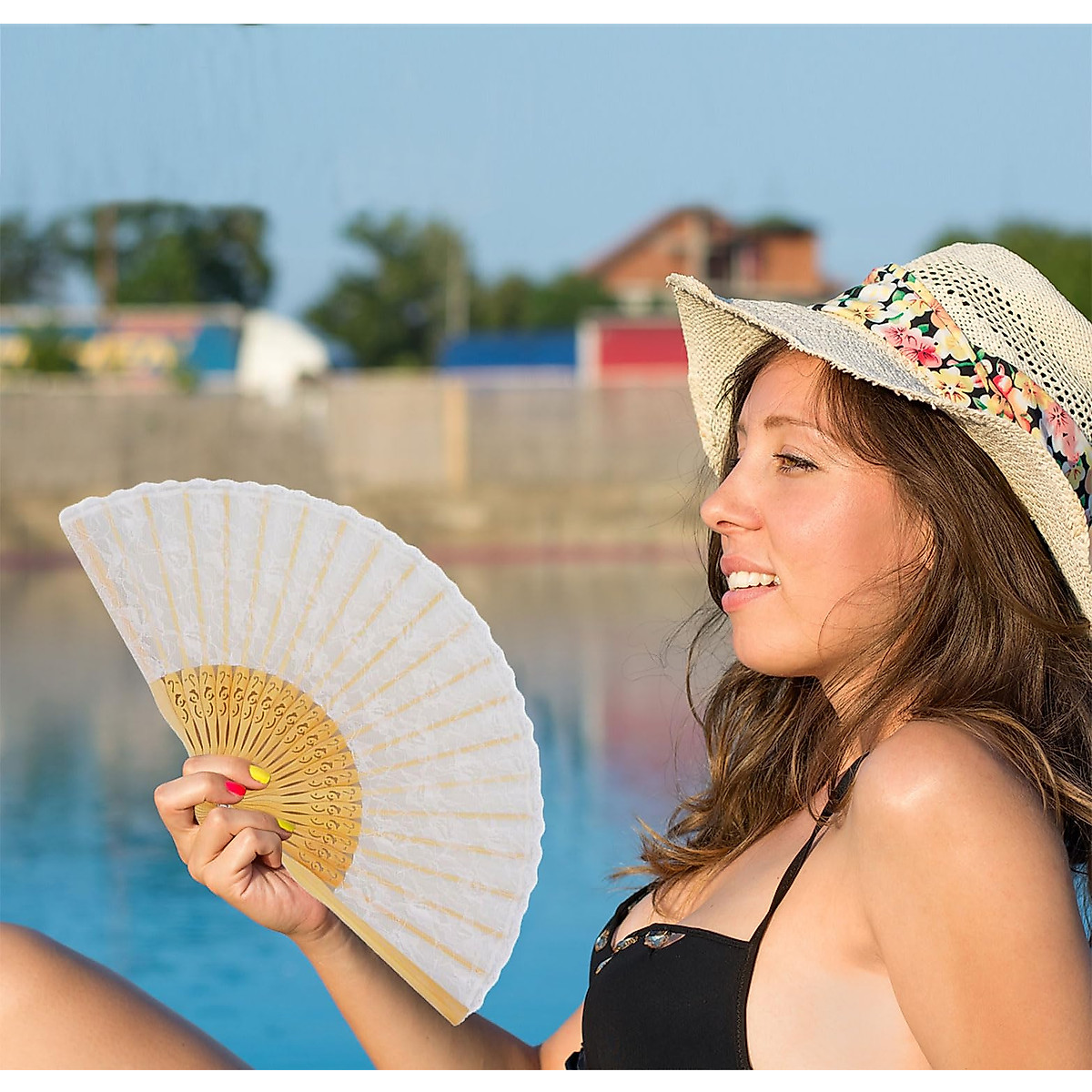 Amajiji Chinese/Japanese Vintage Retro Style Bamboo Wood Silk Folding Hand Fan for women HBSY (23cm) (001)