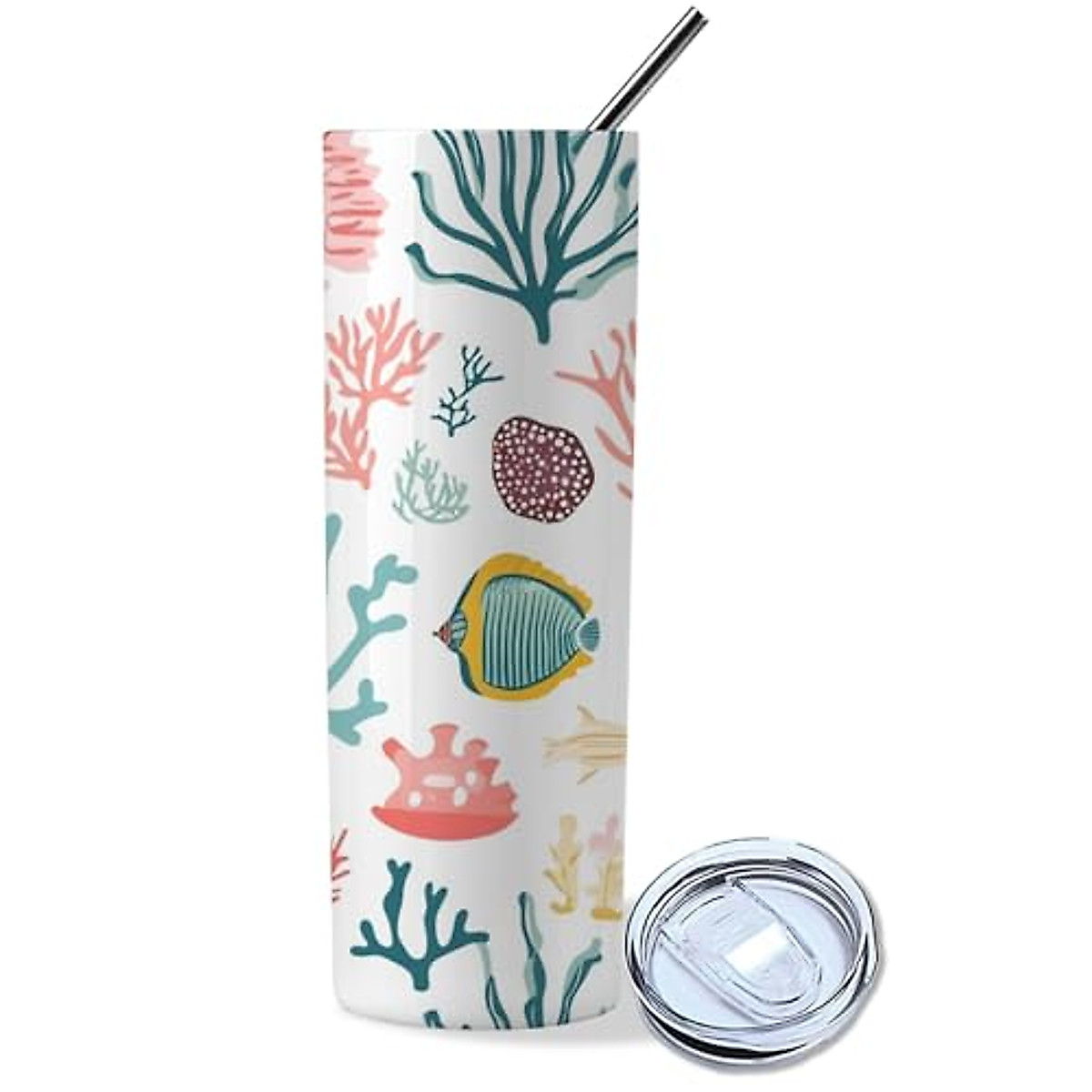 Tumbler with Lid and Straw Cartoon Water Plants and Fish thermos coffee travel mugcute cups 20 oz insulated tumbler for Daily Holiday Decor Gift coffee cup