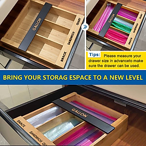 Bamboo Ziplock Bag Storage Organizer for Drawer Baggie Organizer dispenser Compatible with Slider Quart,Gallon, Solimo, Glad, Hefty for Gallon, Sandwich and Snack Variety Size Bag