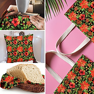 Christmas Fabric by The Yard Poinsettias Black Fabric Happy Holly Days Fabric 1 x 1 Yard Christmas Fabric Pre-Cut Fat Quarter Bulk Fabric for DIY Sewing Apparel Crafting Decor