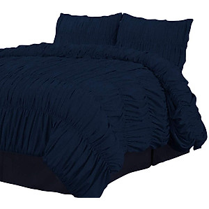 Urban Bedding Navy Blue Ruffle Gathered 3 Pieces Duvet Cover Hidden Zipper Closure 500 TC Egyptian Cotton (1 Duvet Cover & 2 Pillow Shams) Full/Queen Size