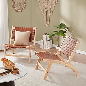 Modern Leather Accent Chairs for Living Room, Mid Century Lounge Chair, Side Brown Leather Chair Indoor Boho Scandinavian Cognac Woven Rattan Faux Leather Accent Chair