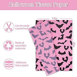 Whaline 100Pcs Pink Bat Tissue Paper Bulk Pink Wrapping Paper Bulk Black Bat Decorative Gift Wrapping Tissue Paper DIY Craft Paper for Halloween, 14 x 20 Inch