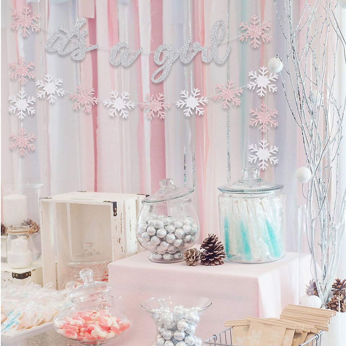 Snowflake Girl Baby Shower Banner Winter Party Decoration Its A Girl Letter Garland Pink Silver Supplies