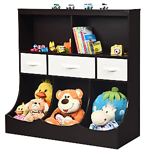 HONEY JOY Kids Toy Storage Organizer with Bookcase, 8-Cubby Organization Storage Cabinet w/Display Shelf & 3 Removable Fabric Bins, Wooden Toy Storage Unit for Playroom, Nursery Daycare(Espresso)