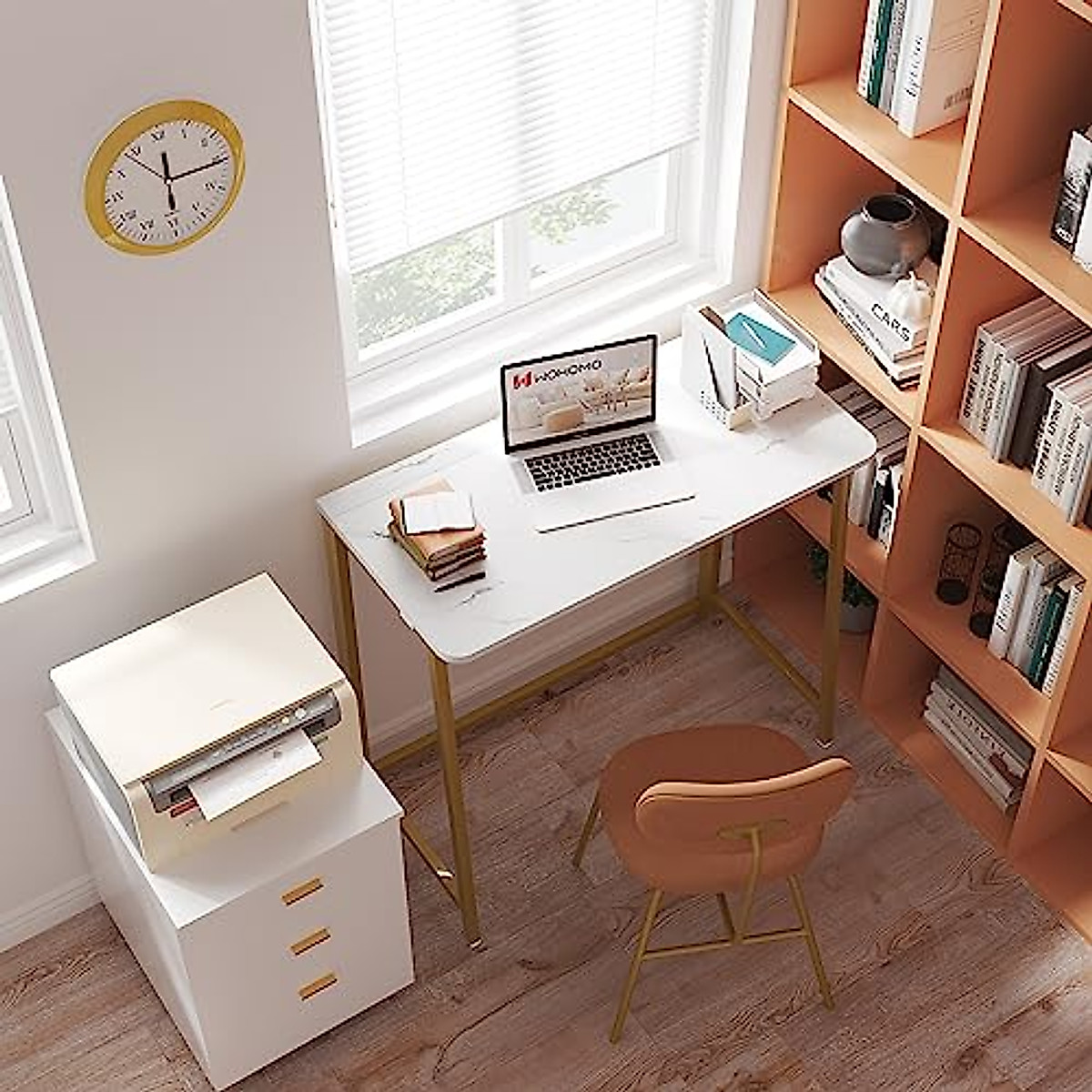WOHOMO White Marble Folding Desk, 31.5" Small Desk for Small Spaces with Gold Legs, Easy Assemble Foldable Computer Desk, Mini Portable Working Table for Home Office, White and Gold