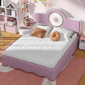 Jintop Full Size Upholstered Platform Bed with Built-in Round LED Headboard,Flannel Finish Wave Design Bed Frame,w/Slat Support,No Box Spring Needed,for Kids Teens Girls Boys Bedroom,Pink