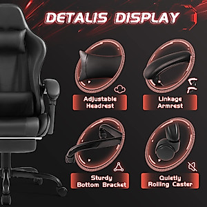 Shahoo Gaming Chair with Footrest and Massage Lumbar Support, Video Racing Seat Height Adjustable with 360°Swivel and Headrest for Office or Bedroom, Black