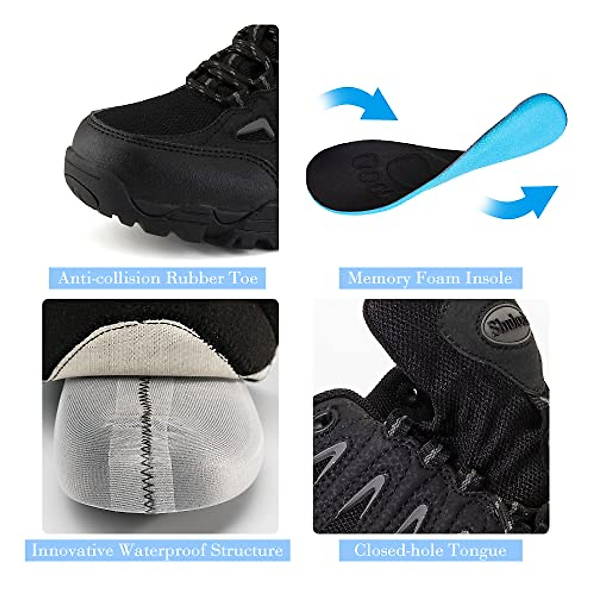 SHULOOK Men's Waterproof Hiking Shoes Non Slip Outdoor Low Top Lightweight Ankle Boots Breathable Hike Trekking Trails Work Shoe Black/Grey