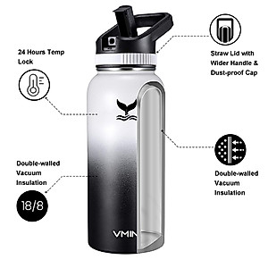 Vmini Water Bottle with Straw, Wide Sturdy Straw Lid with Dust Proof Cap, Wide Mouth Vacuum Insulated Stainless Steel Water Bottle, Gradient White+Black, 32 oz