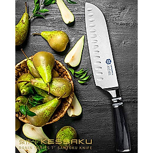 KESSAKU 7-Inch Santoku Knife - Ronin Series - Granton Edge - Forged High Carbon 7Cr17MoV Stainless Steel - Pakkawood Handle with Blade Guard
