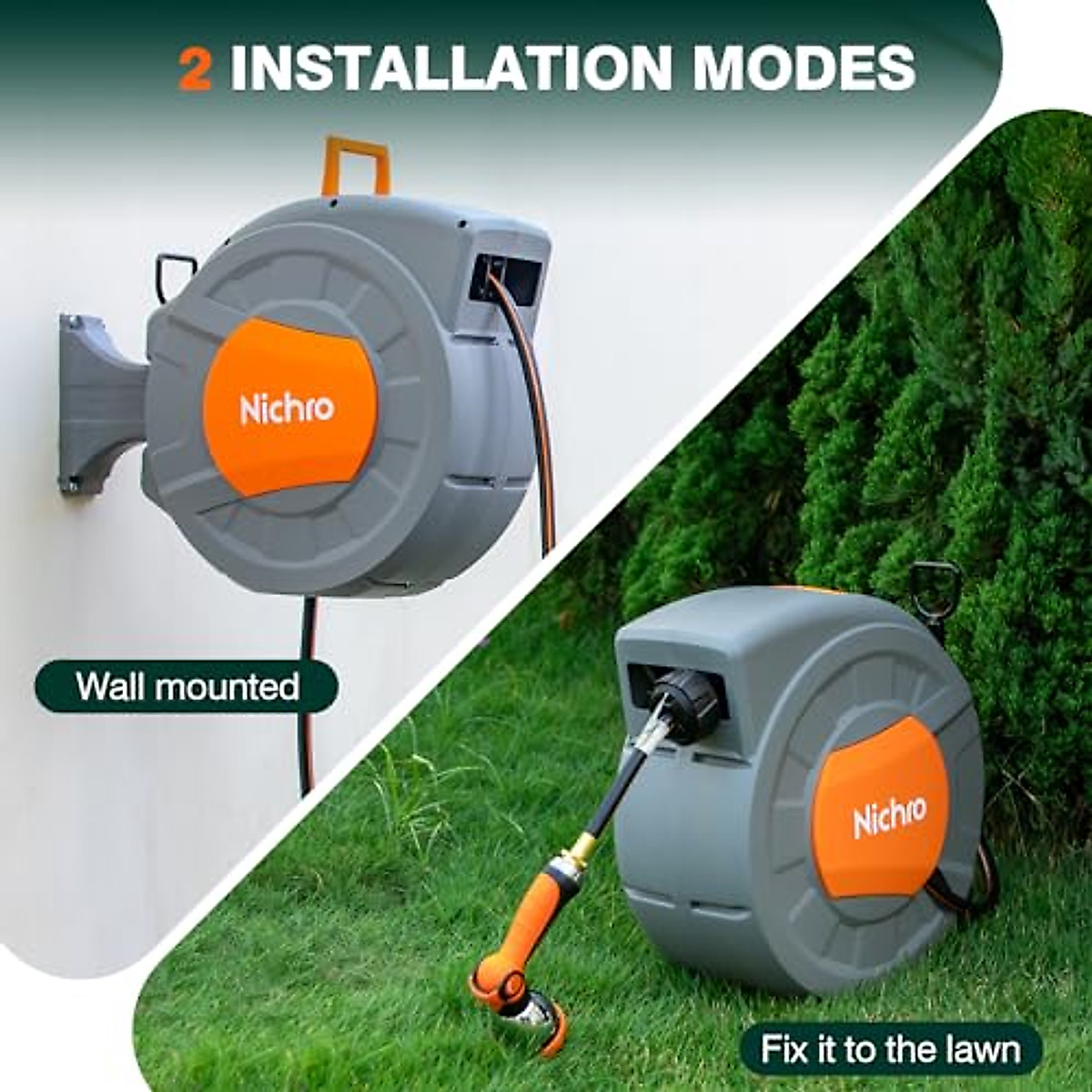 Retractable Garden Hose Reel Wall Mount, Nichro 1/2"×100ft Automatic Garden Hose Reel with Cover, 10 Pattern Hose Nozzle, Auto Rewind/Any Length Lock/Optional Installation Modes