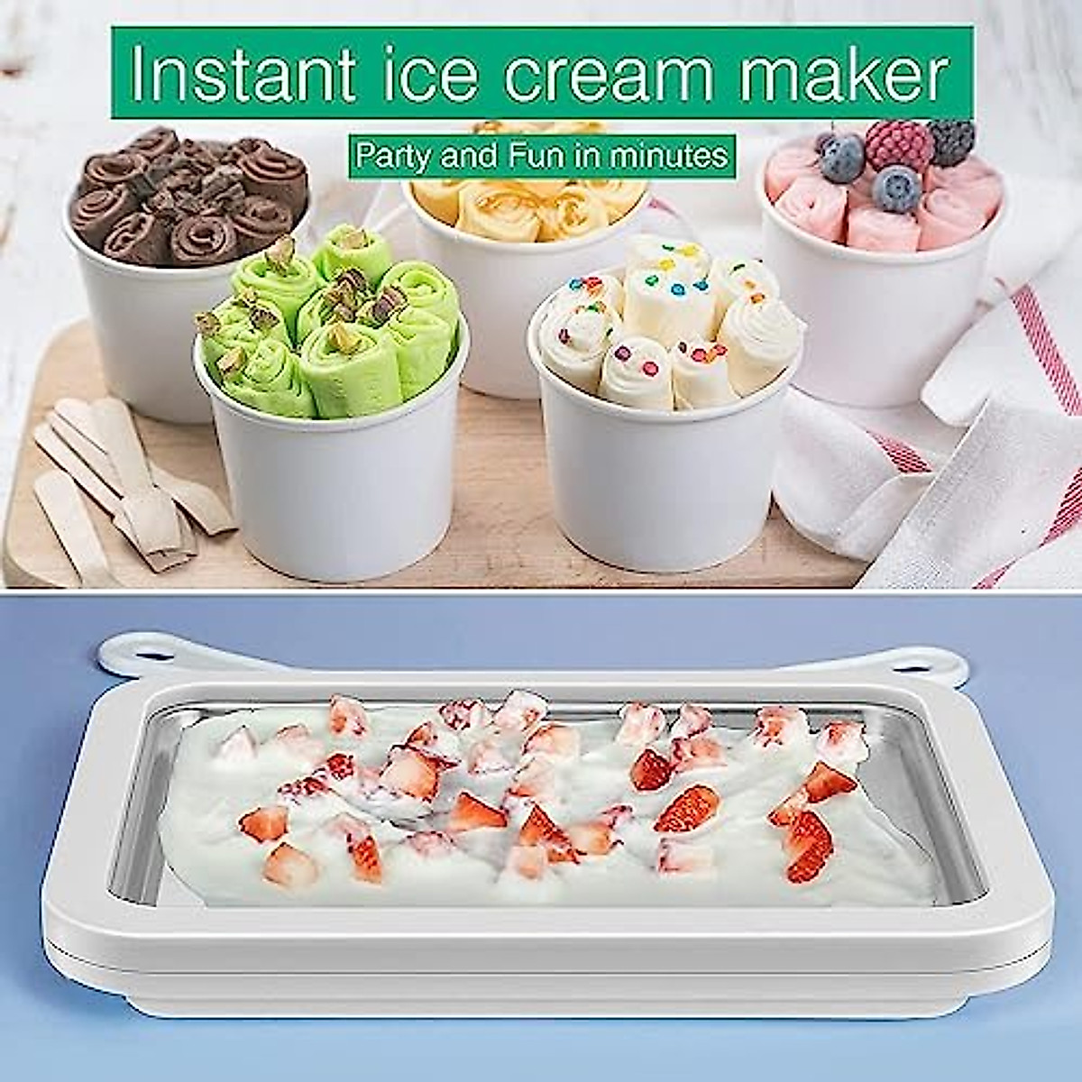 Roller Ice Cream Maker - Stainless Steel - 10 * 8 inch Family Large Size, DIY Soft Serve Machine for Homemade Ice Cream, Frozen Yogurt, Rolled Ice Cream