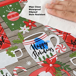 Newbridge Jolly Holiday Candy Cane Print Flannel Back Vinyl Christmas Tablecloth - Happy Holidays Grey, Red and Green Xmas Wipe Clean Easy Care Tablecloth, 60” x 120” Oblong/Rectangle