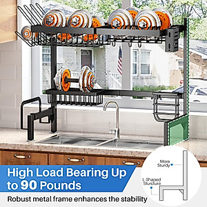 SNTD Over The Sink Dish Drying Rack, Width Adjustable (26.8" to 34.6") 2 Tier Dish Rack Drainer for Kitchen Counter Organization and Storage, Utensil Sponge Holder Sink Caddy Dryer Rack Black