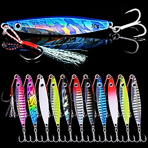 Aorace 12pcs 30g 7.5cm Metal Jigs Saltwater Fishing Lures Jigging Spoon Lures Kit for Long Casting Surf Fishing Slow Vertical Casting Artificial Lead Jigs Assortment for Bass Sea Trout