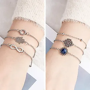 Hicarer 16 Piece Layered Bracelet Set Vintage Flower Hand Chain Beaded Bracelet Adjustable Charm Pendent Stack Bracelet