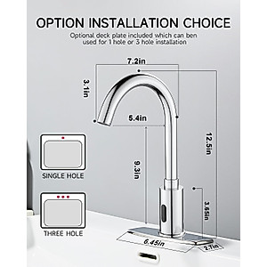 Touchless Bathroom Faucet 3 or 1 Hole, Motion Sensor Sink Faucets Hospital Hands Free Water Faucet with Temperature Mixer, Automatic Faucet Commercial Vanity Faucet Banhao