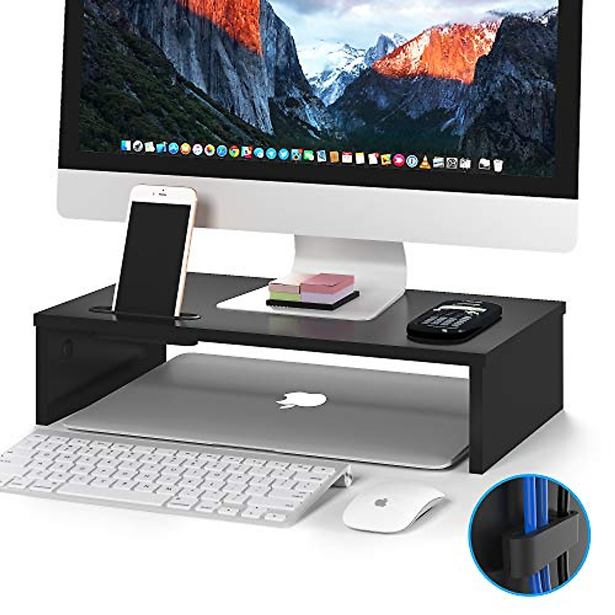 1home Monitor Stand Riser, 16.7 Inch Wood Monitor Riser Stand with Storage Organizer, Desktop Ergonomic Monitor Stand Riser with Cellphone Holder and Cable Management, Black