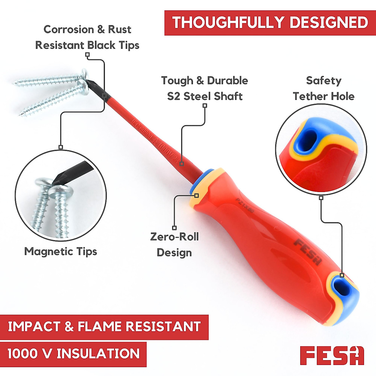 FESA Electrician Insulated Screwdriver Set - 1000V 11-Piece Professional Electrician Screwdriver Set with Magnetic S2 Steel Tips - Pozidriv, Phillips, Flathead or Slotted & Torx - Insulated Tools
