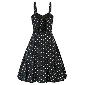 Vintage Dress for Women 1950s Summer Spaghetti Strap Ruched A-Line Flowy Swing Dress Black Polka Dot Dress L