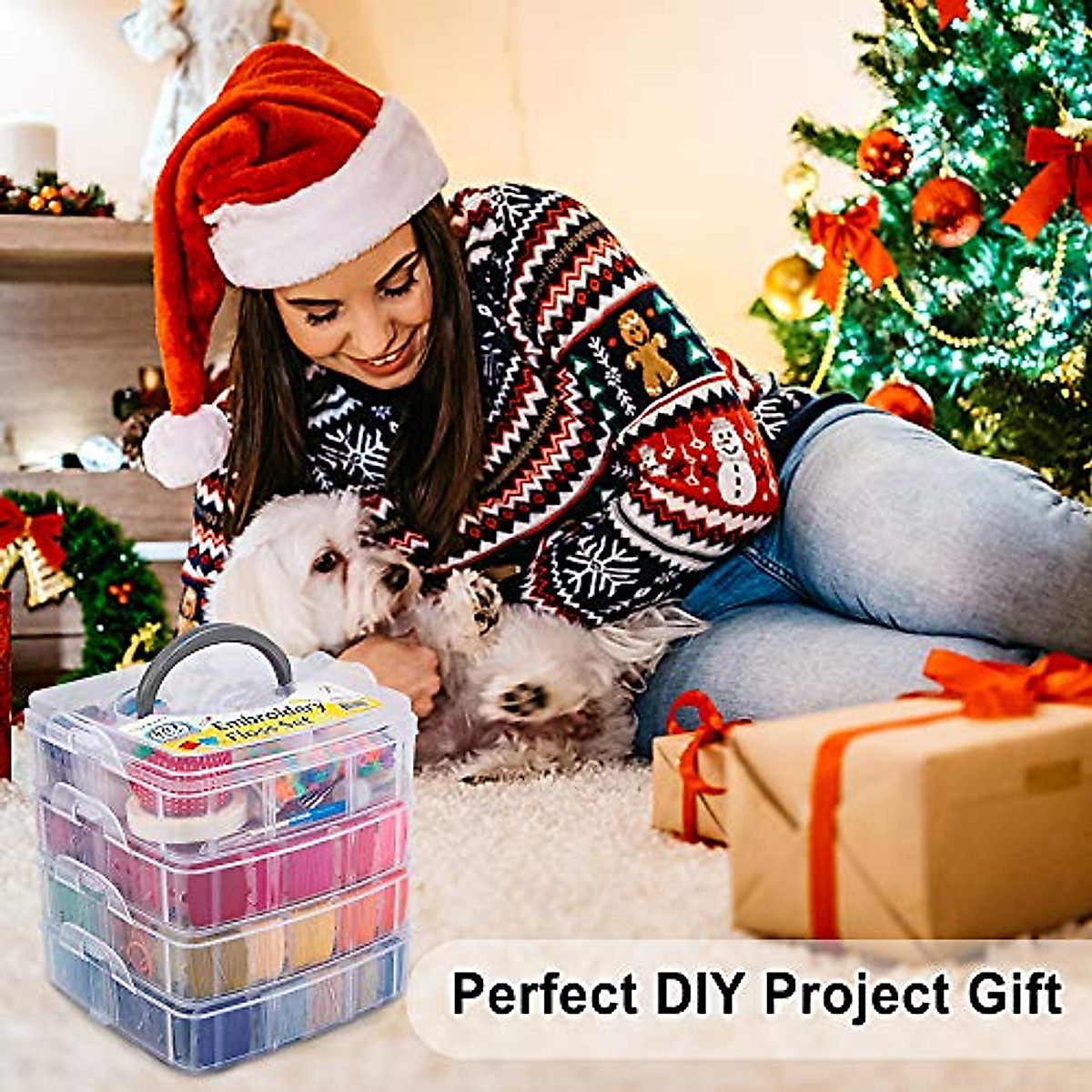 INSCRAFT 403 Pack Embroidery Floss Set, 250 Colors Cross Stitch Friendship Bracelet Thread with 153 Pcs Cross Stitch Tool, 4-Tier Transparent Box for Storage