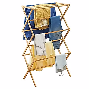 mDesign Bamboo Tall Vertical Portable, Collapsible, Foldable Laundry Drying Rack - for Laundry Room, Bathroom, Kitchen - to Dry Clothes, Towels - Echo Collection - Natural