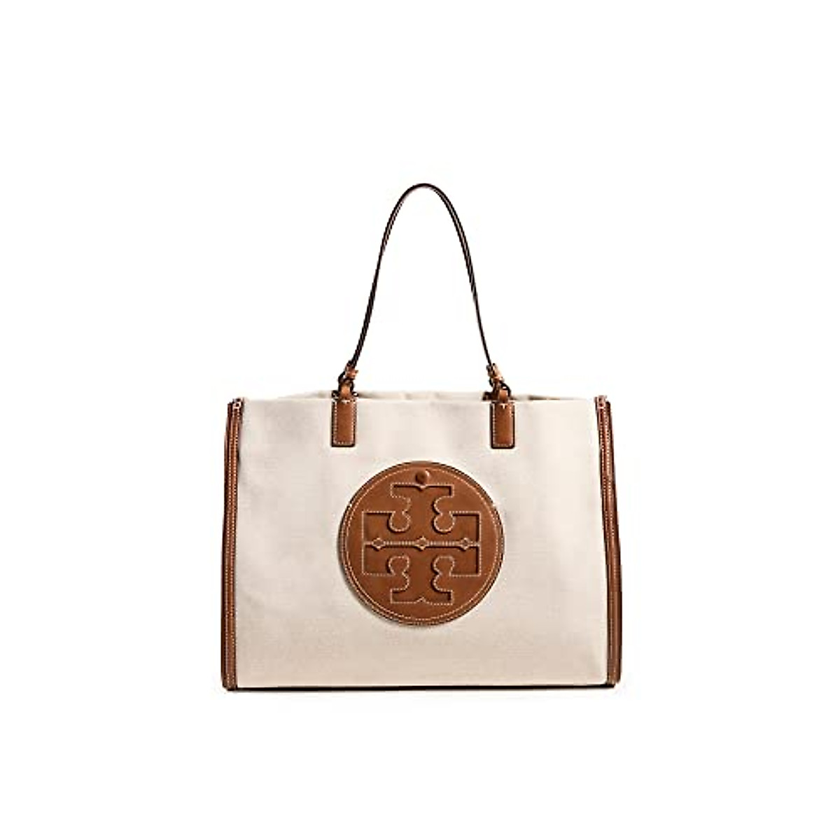 Tory Burch Women's Ella Canvas Tote, Natural/Classi Cuoio, Off White, Brown, One Size