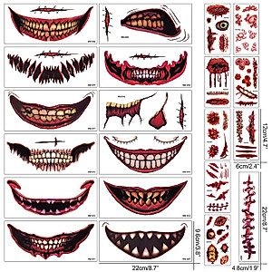 Aresvns 12PCS Halloween Clown Horror Mouth Temporary Tattoo Stickers Face Decals Prank Props for Halloween Cosplay Party Decorations