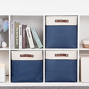 HNZIGE Baskets Fabric Storage Cubes Bins Baskets(3 Pack)Storage Baskets Cube for Shelf, Large Collapsible Organizer Closet Baskets,13x13 Toy Baskets with Leather Handle for Kids, Home, Clothes, Shelf(White&Blue)