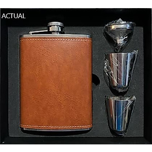 Brown Leather Hip Flask 8 Oz Stainless Steel PU Leather Wrap Flask Gift Set with 2 Cups & Funnel