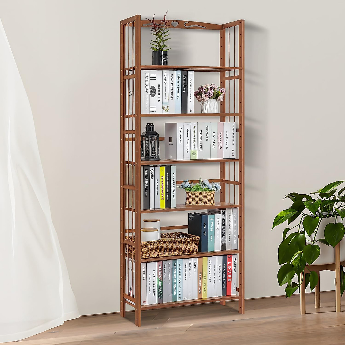 Magshion Tall Book Shelf 6-Tier Bamboo Open Bookshelf Adjustable Multifunctional Shelving Unit Freestanding Shelf, 27.2" Length Storage Rack Display Stand for Home and Office (Brown)