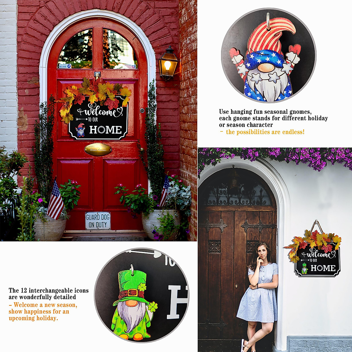 16 Inch Seasonal Welcome Sign Wreaths for Front Door with 12 Holiday Gnomes Interchangeable,Fall Decor Hanging Porch Door Signs,DIY Long Maple Garland (Black)