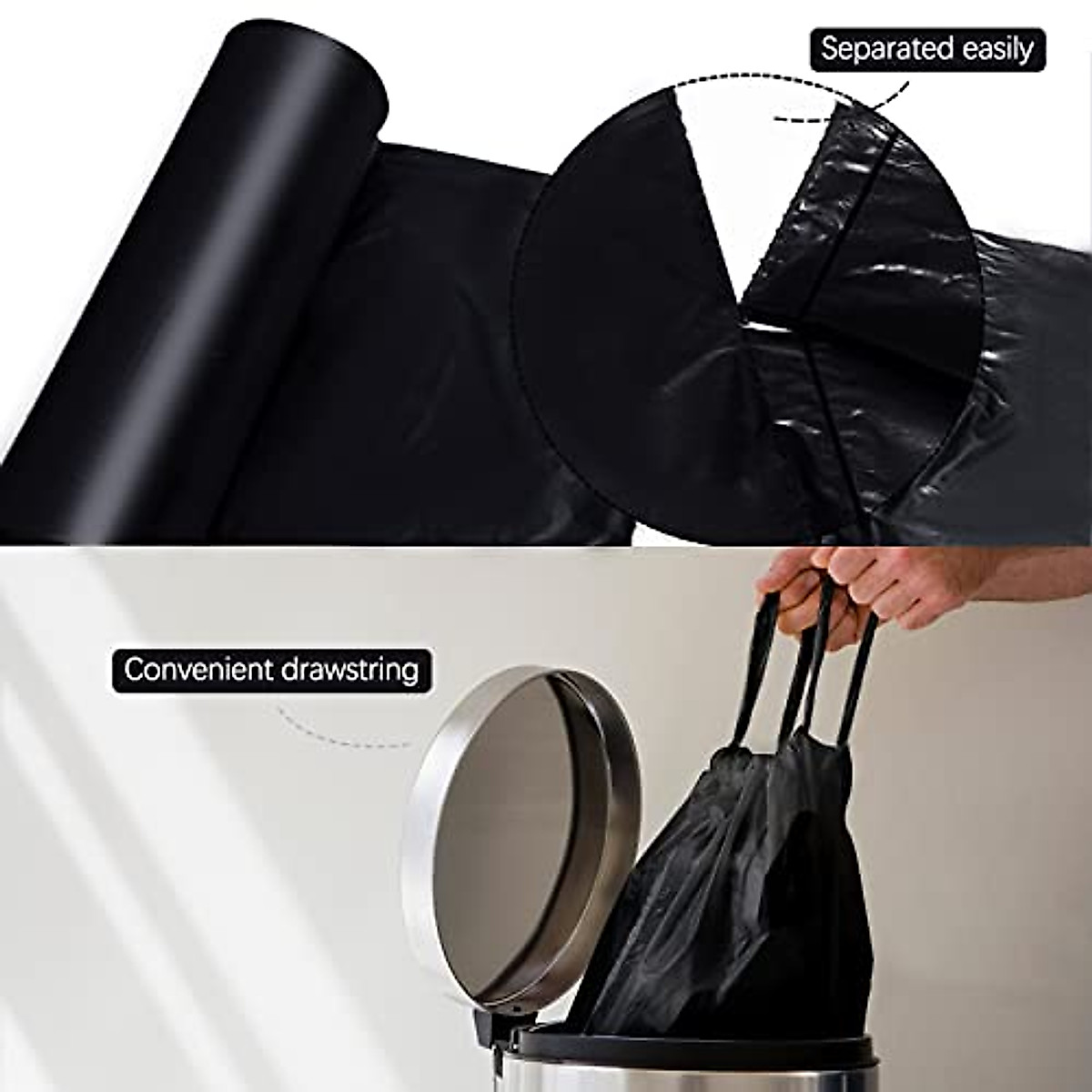 YIHATA 13 Gallon Trash Bags Drawstring Unscented 120 Count Trash Bags 13 Gallon Tall Kitchen Trash Bags Wastebasket for Kitchen Office Home Garden Outdoor Traveling Camping Black (Easy to Separate)