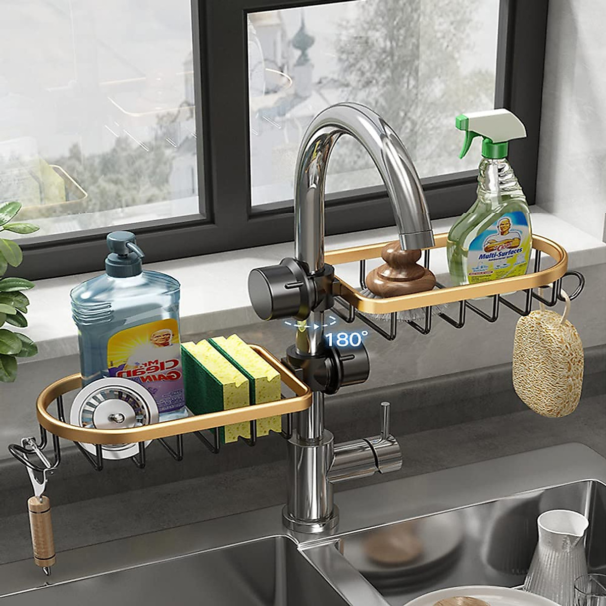 WINGSIGHT Faucet Sponge Holder Kitchen Sink Caddy Organizer Over Faucet Hanging Faucet Drain Rack for Sink Organizer (Double with Dishcloth Rack, Golden)